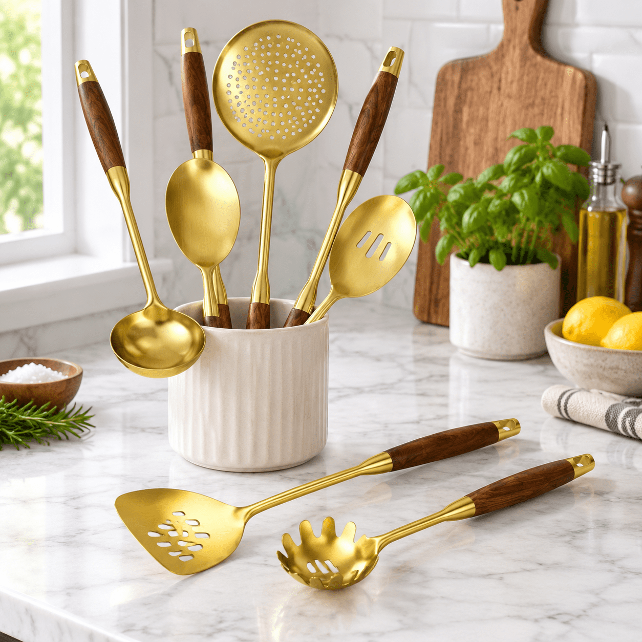 18/10 Stainless Steel Kitchen Utensils Set 6 Piece Cooking With Wood ...