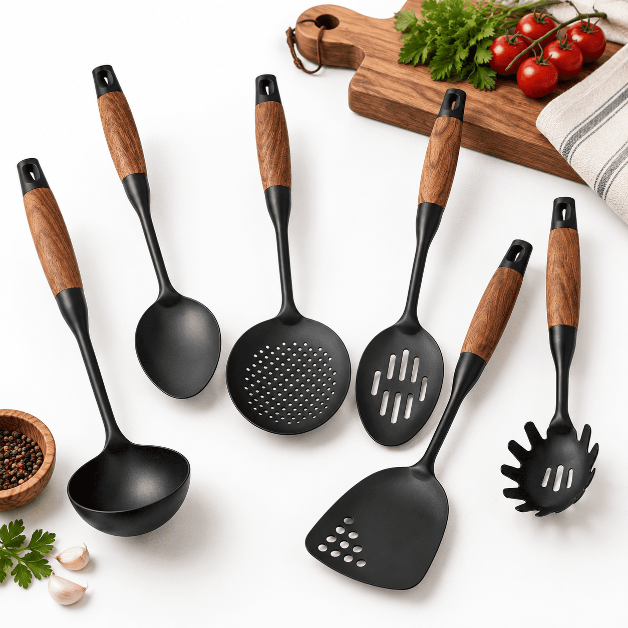 18/10 Stainless Steel Kitchen Utensils Set 6 Piece Cooking With Wood ...