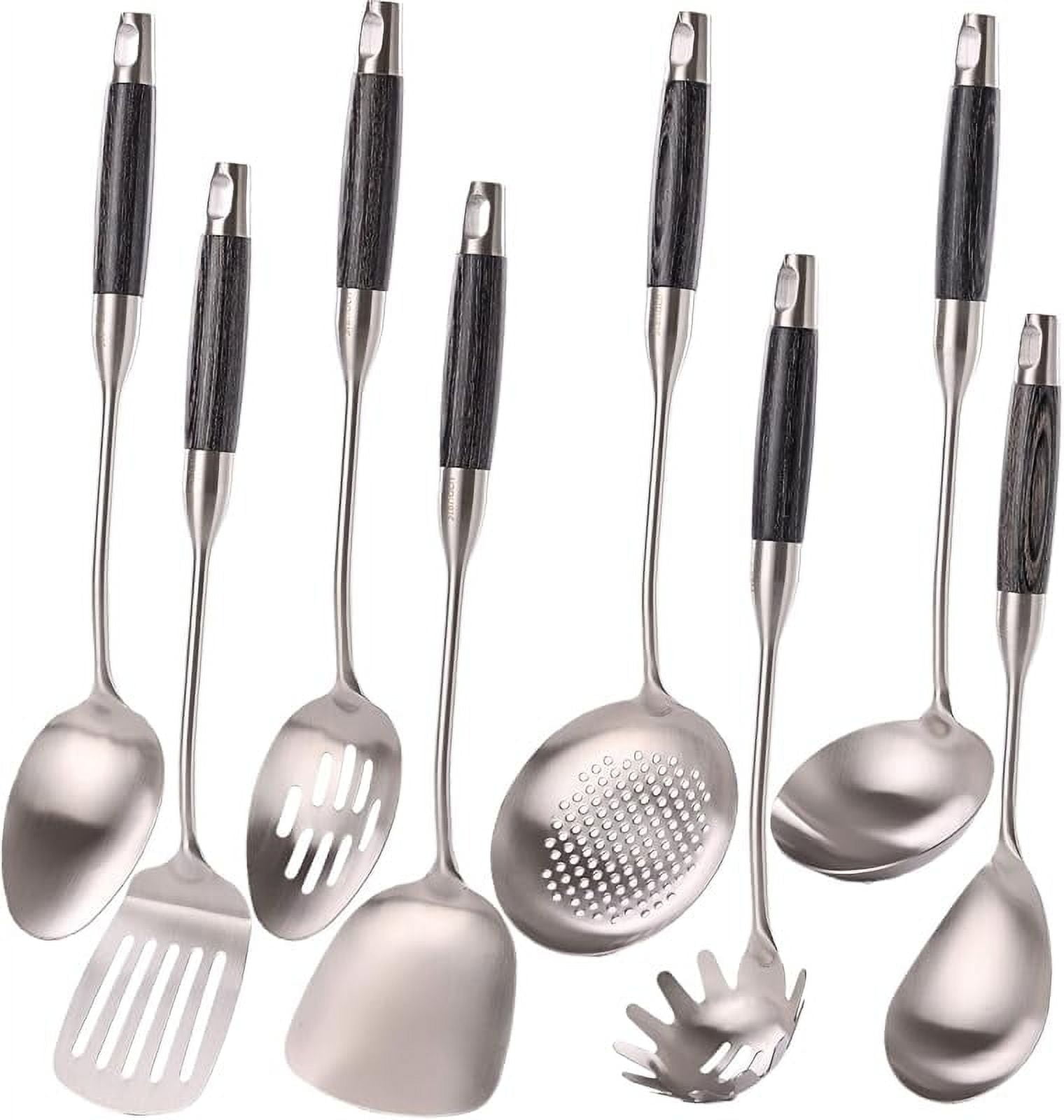 18/10 Stainless Steel Kitchen Utensils Set with Wood Handle - 15”Metal ...