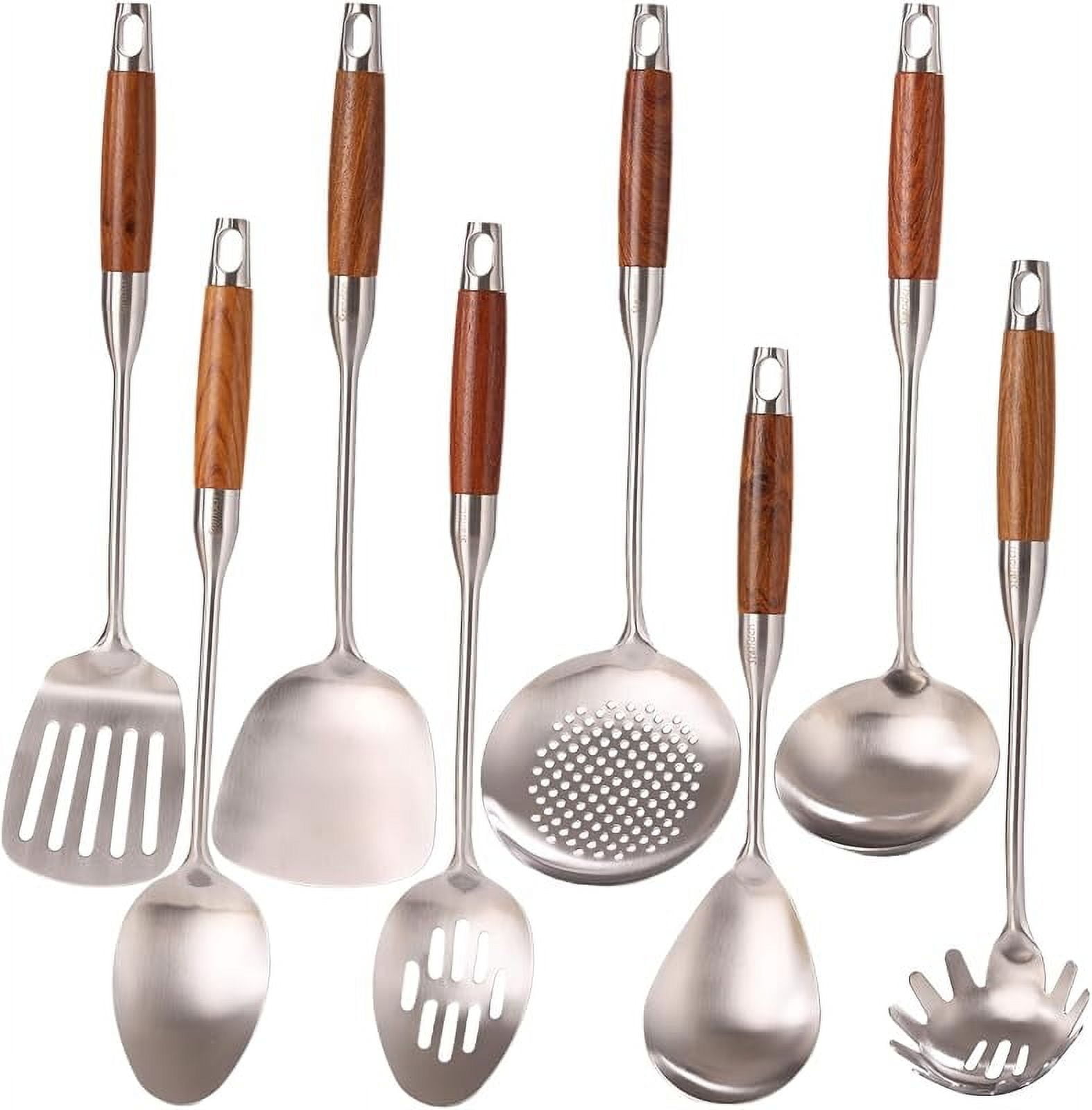 18/10 Stainless Steel Kitchen Utensils Set with Wood Handle - 15”Metal ...