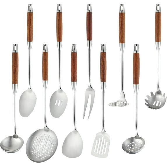 18/10 Stainless Steel Kitchen Utensils Set with Wood Handle Metal ...