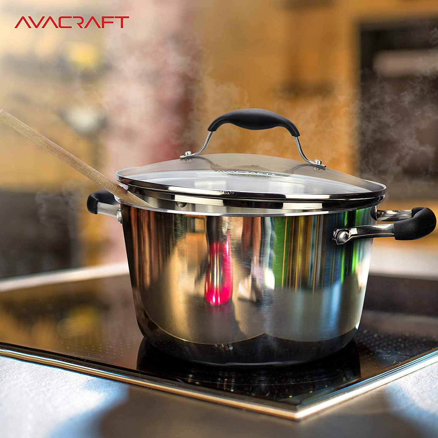 18/10 Tri-Ply Stainless Steel Dutch Oven, Chef’s Pan with Glass Lid ...