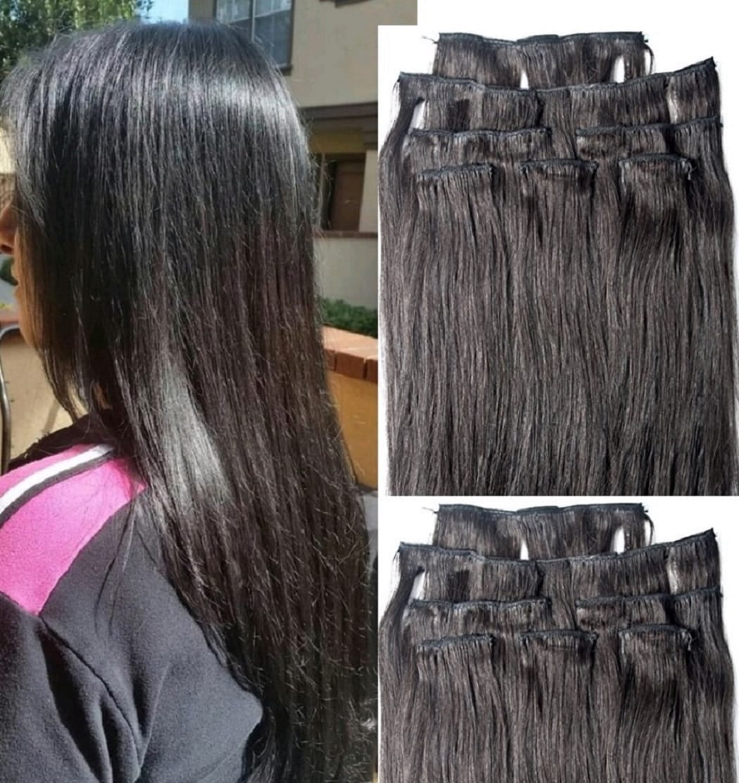 18″ 100% Clip in Human Hair Extensions 7Pcs,14 clips #1B Off Black ...
