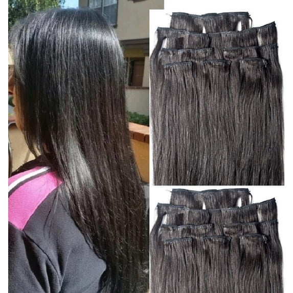 18″ 100% Clip in Human Hair Extensions 7Pcs,14 clips #1B Off Black ...
