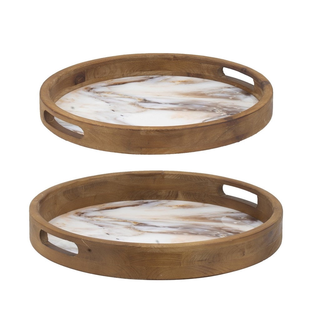 18, 15 Inch Round Decorative Tray, Marble Effect, Brown Fir Wood Frame ...
