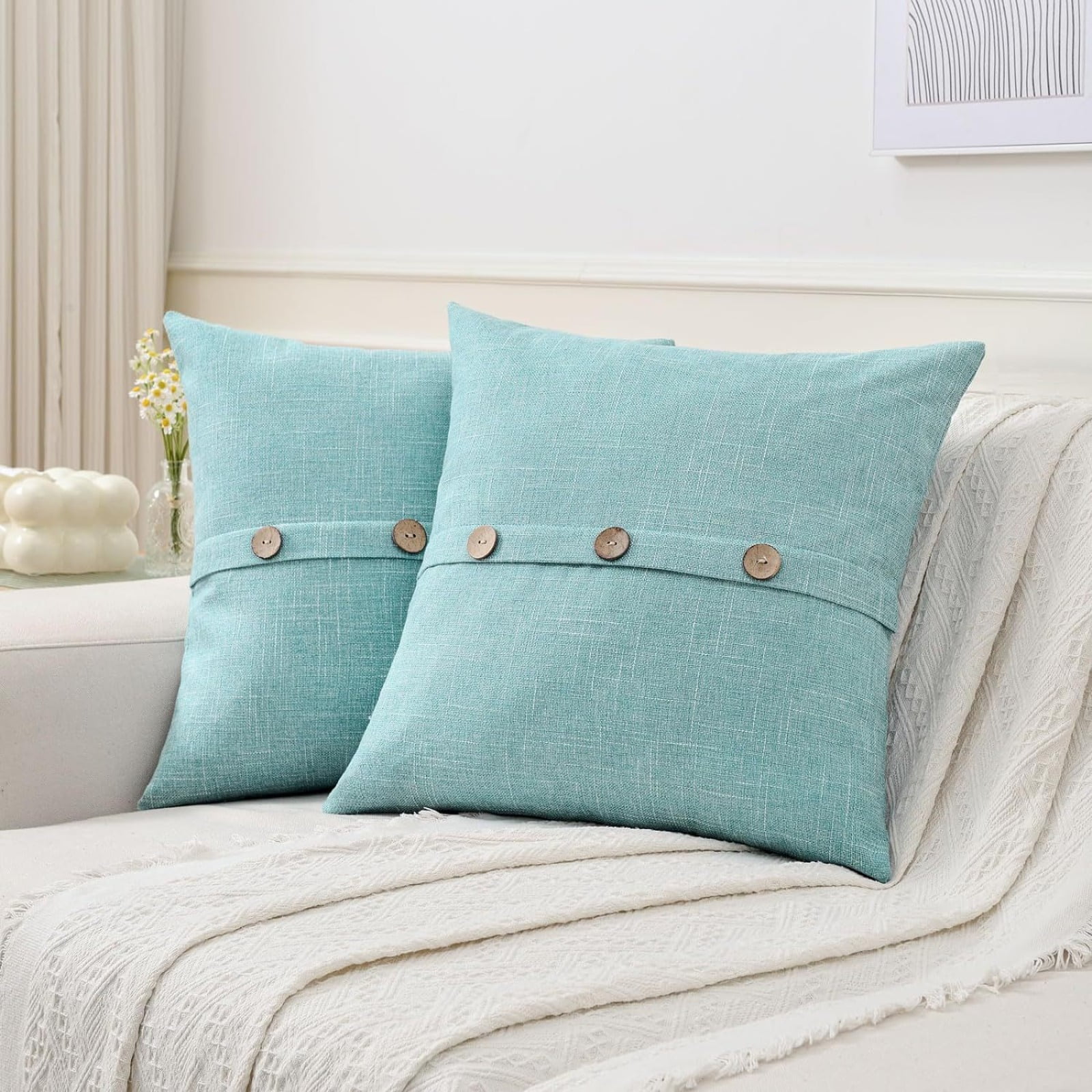 18×18 Inch Button Accent Throw Pillow Cover 2-Pack Textured Solid ...