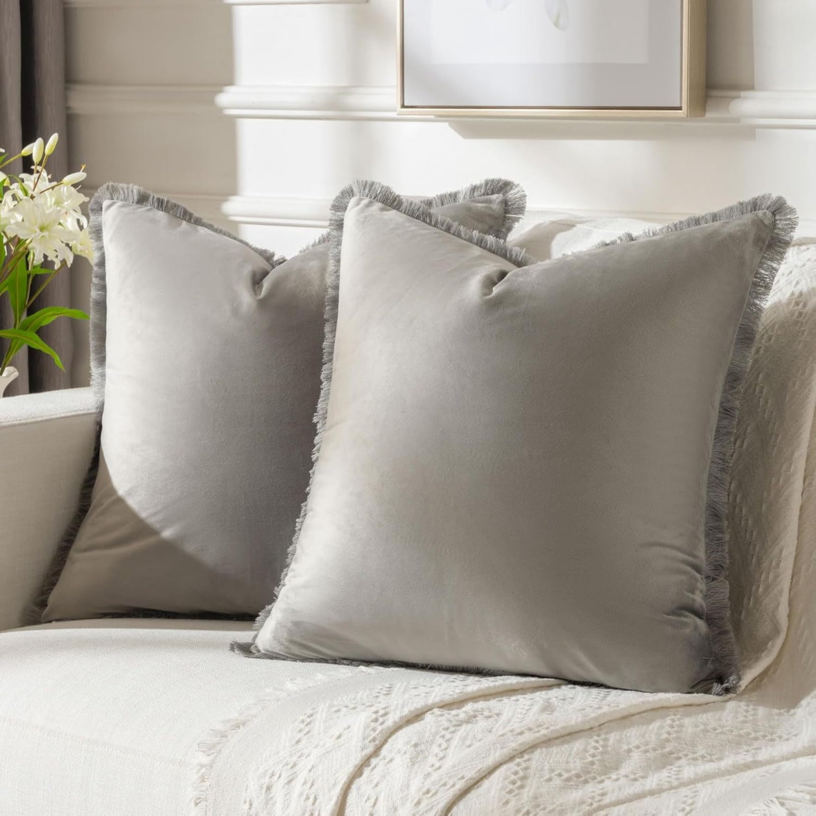 18×18 Inch Velvet Fringe Throw Pillow Cover 2-Pack Soft Textured ...