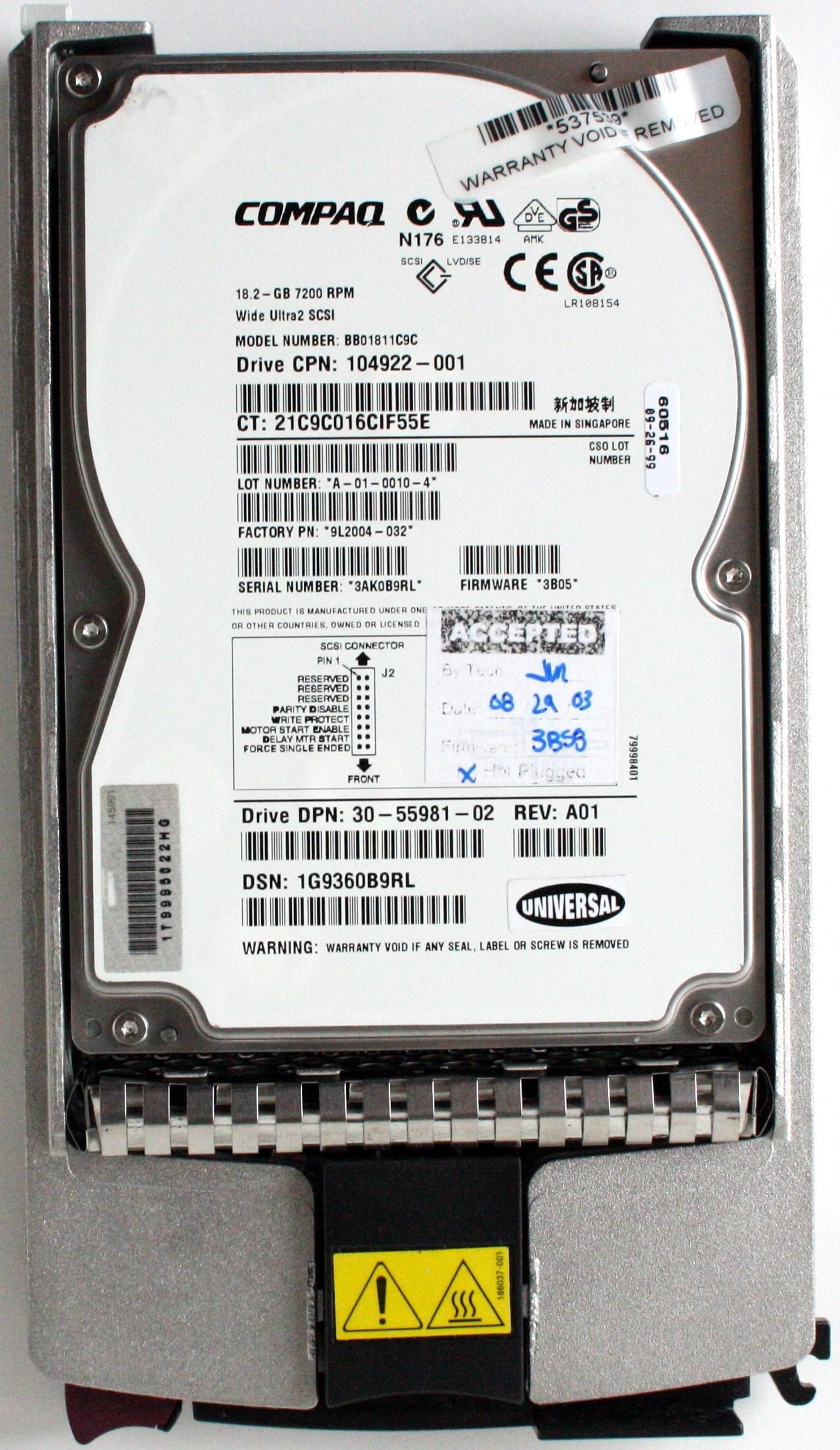 Compaq scsi hdd 18.2gb , 80 pin, wu hotplug scsi hdd,bb01811c9c,9l2004 ...