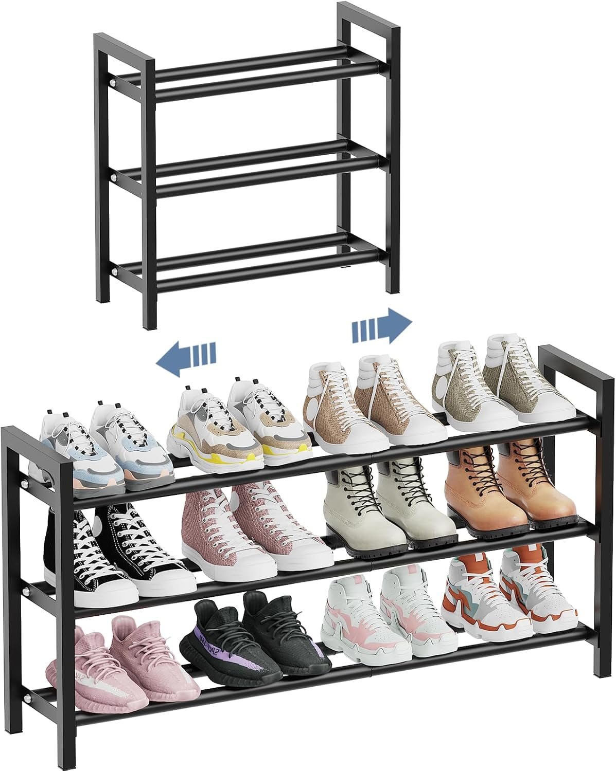18-33” Expandable Shoe Rack for Closet, 3-Tier Shoe Organizer ...