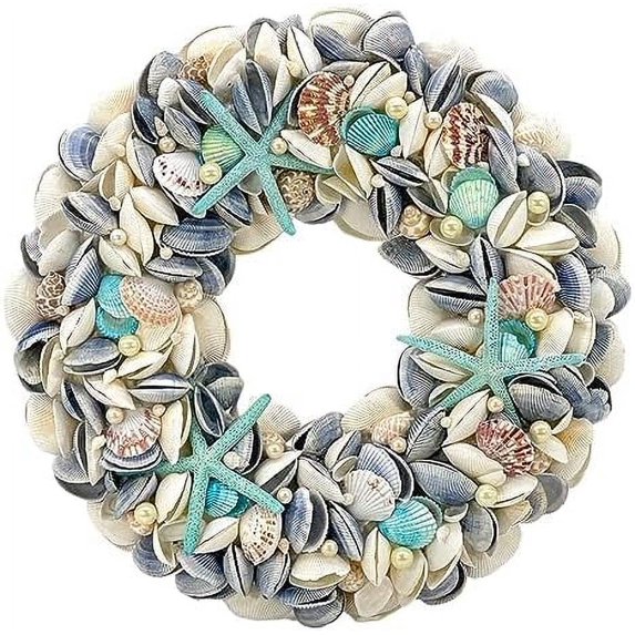 18" Nautical Seashell Wreath, Blue | Coastal Beach Floral Home Decor ...