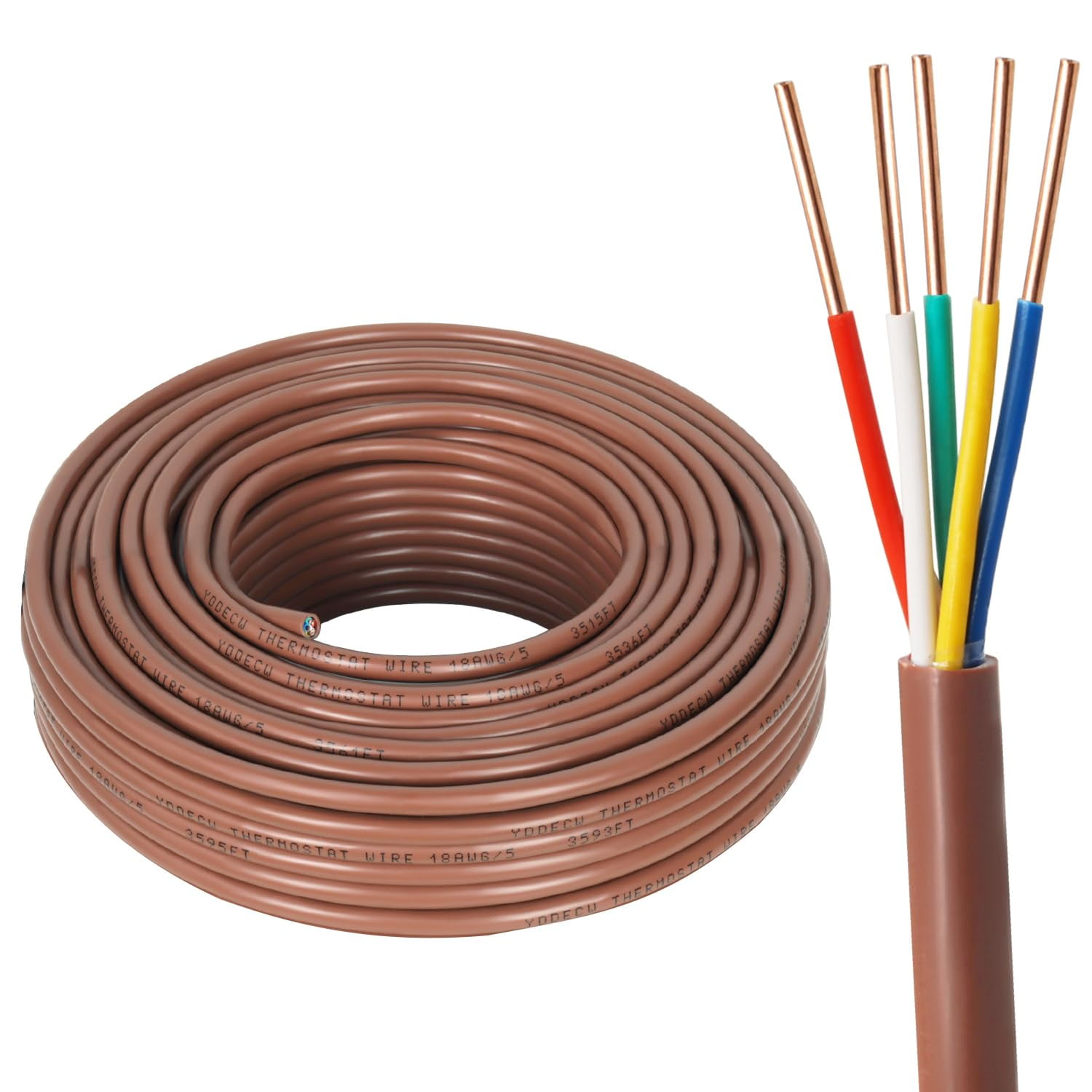 18/5 75FT Solid Copper Thermostat Wire - 18 Gauge 5 Conductor Power Circuit Cable for Heating ...