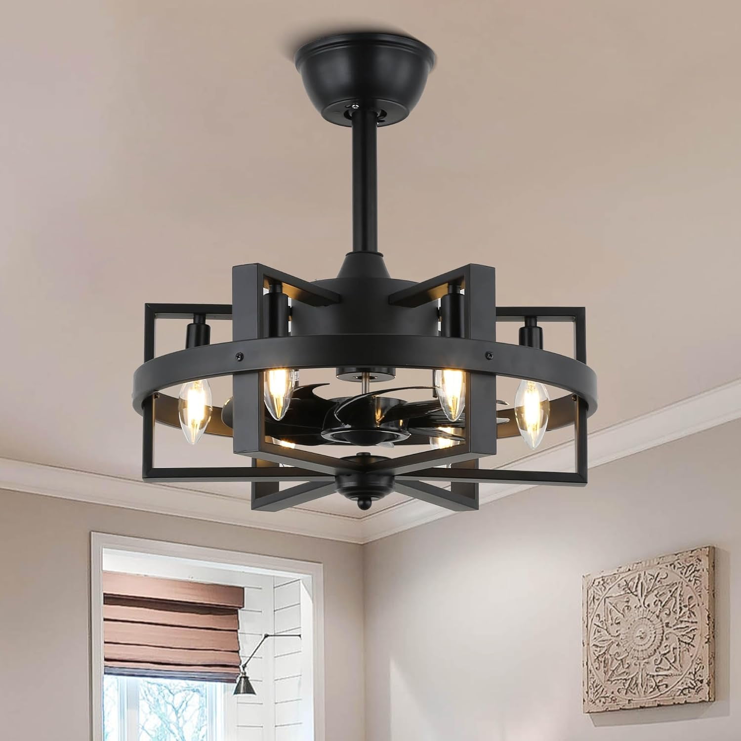 18.5" Black Caged Ceiling Fan with Light, Reversible Motor, Industrial ...