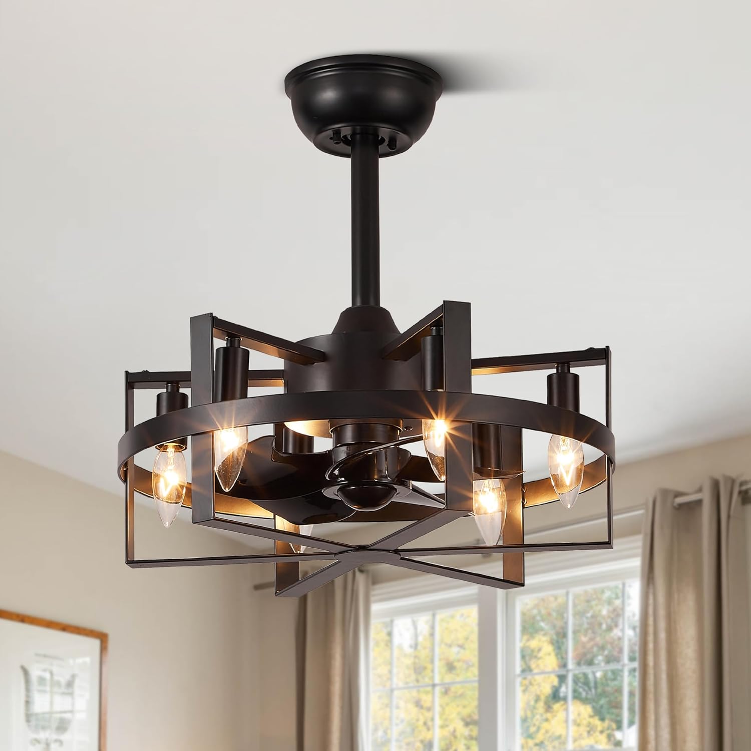 18.5" Caged Ceiling Fan with Light, Reversible Motor, 6 Speeds ...