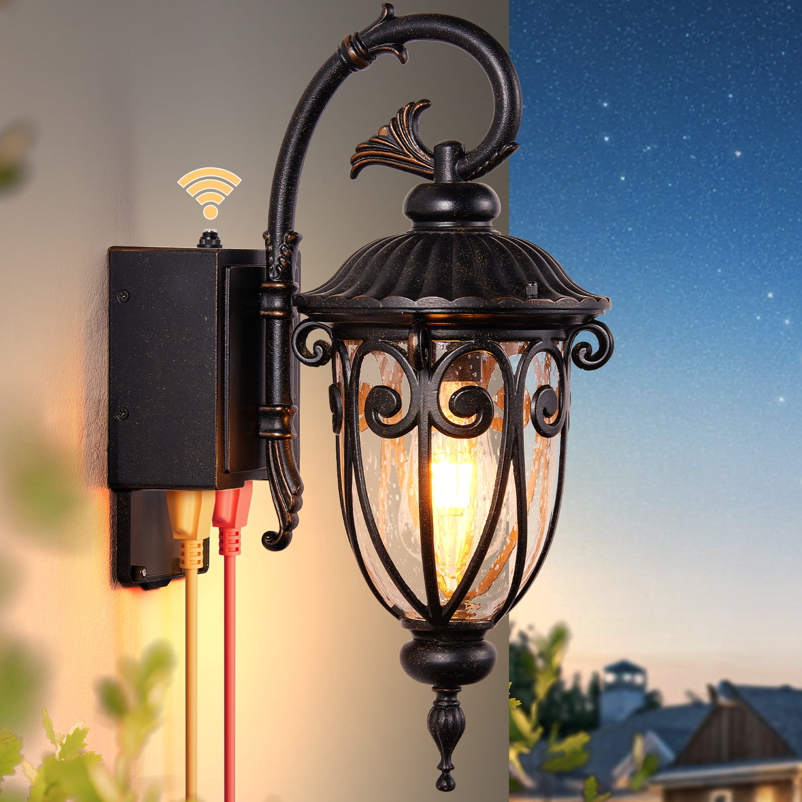 18.6" H Porch Light with GFCI Outlet, Dusk to Dawn Outdoor Light with ...