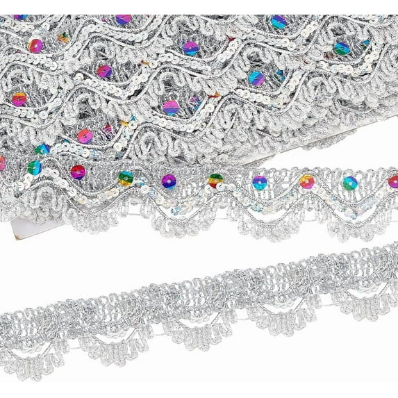 18.6 Yards Shiny Sequins Lace Trim 2 Roll 1.4 inch Wide Silver Metallic ...
