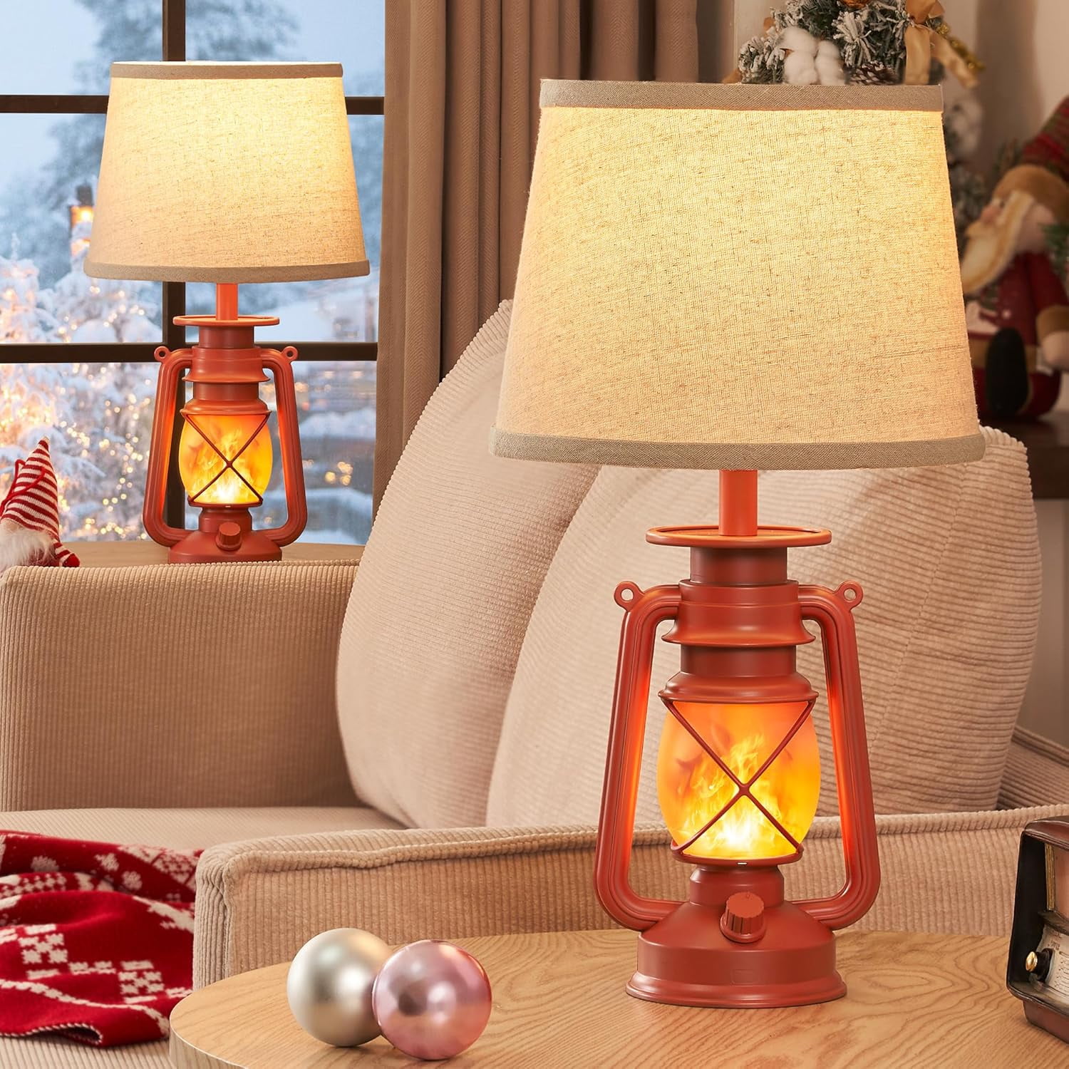18.72" Red LED Lantern Flickering Flame Table Lamps for Bedrooms Set of ...