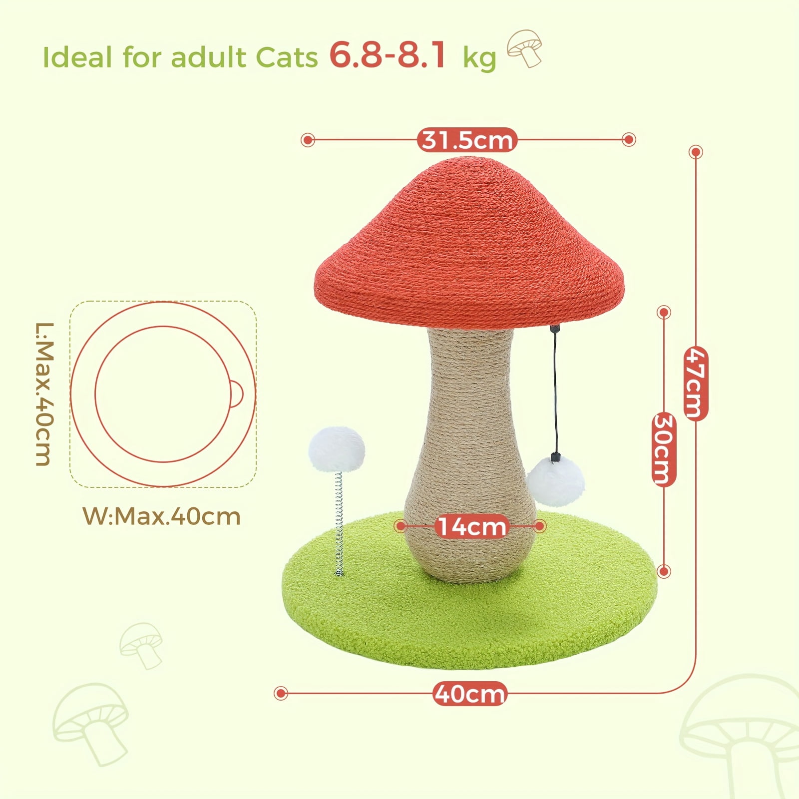 18.9 Inch Cat Scratching Post For Indoor, Mushroom Cat Scratcher With ...