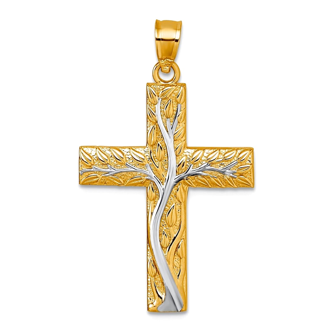 18.9mm 14k and Rhodium Polished Floral Tree Leaves Religious Faith ...