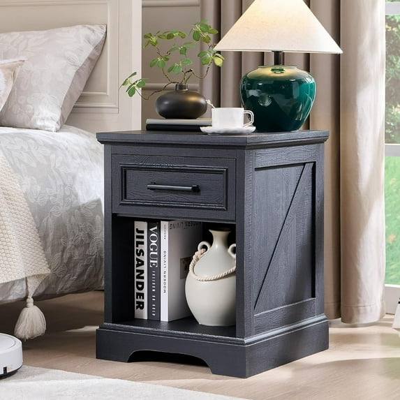18" Black Farmhouse Nightstand with Charging Station, Bedside Table ...