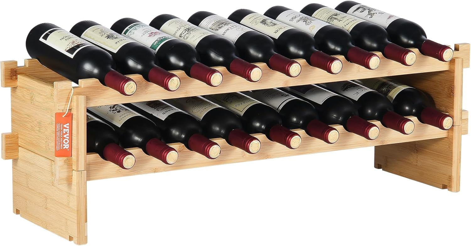 18 Bottle Stackable Modular Wine Rack, 2-Tier Solid Bamboo Wood Storage ...