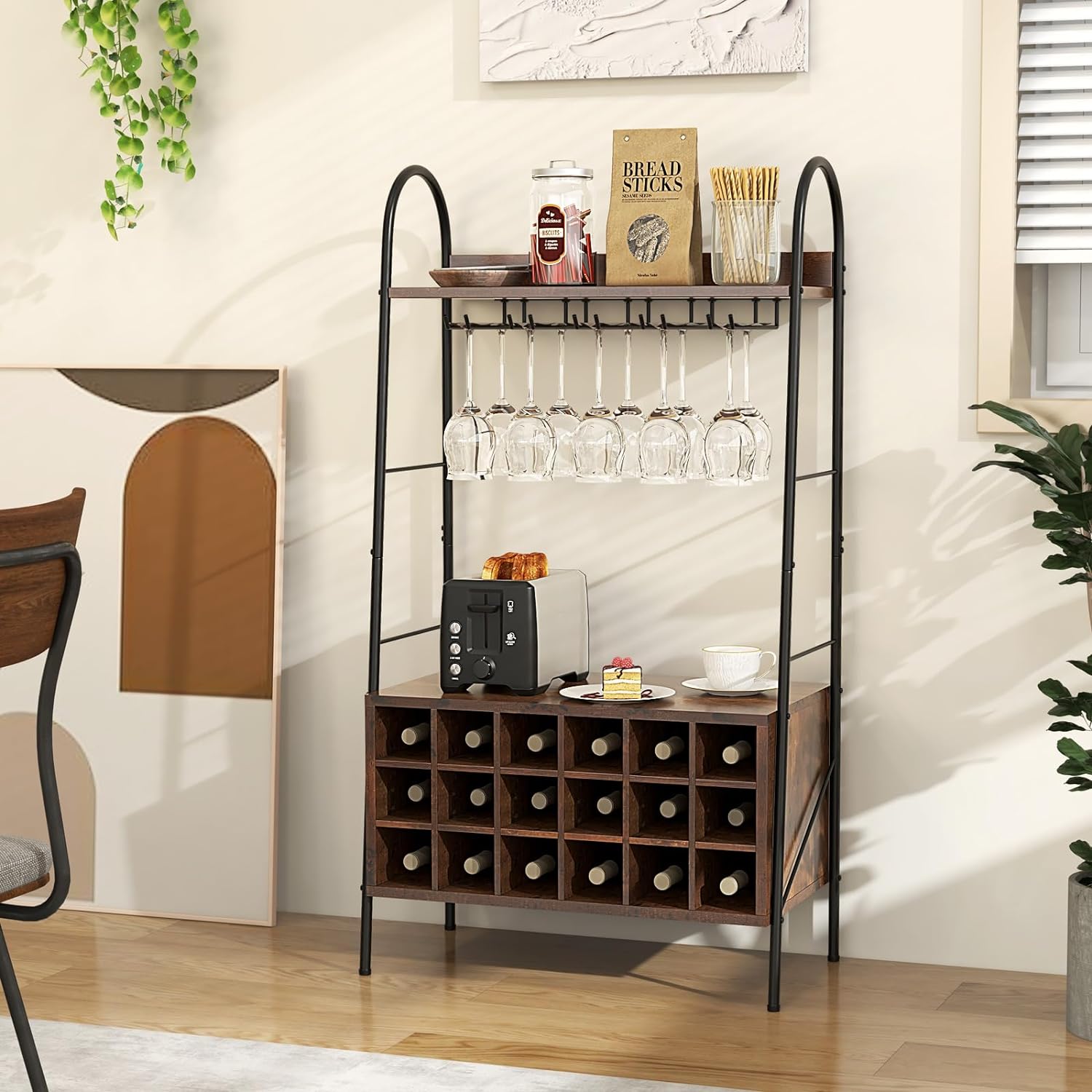 18-Bottle Wine Rack Freestanding Floor, Kitchen Bakers Rack w/ 15 ...
