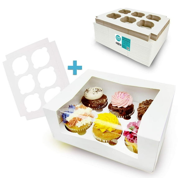 [18 Boxes and 18 Trays Pack] 9x7x3.5” White Cupcake Box with Window and ...