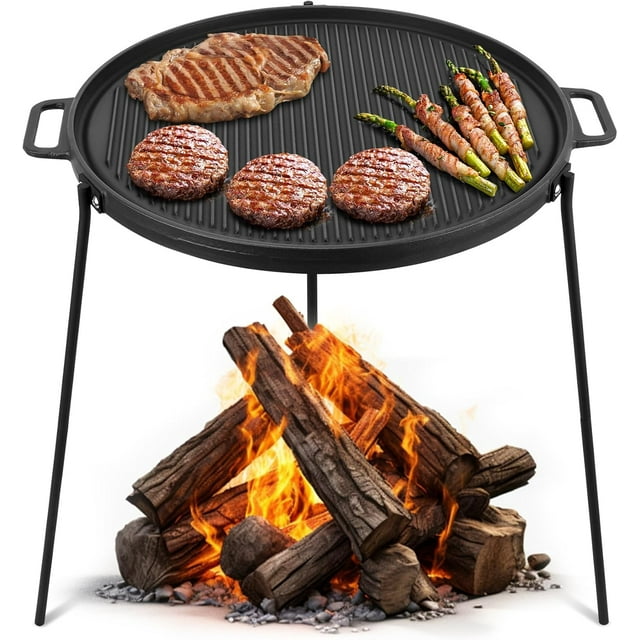 18" Campfire Grill Griddle, Double Sided Reversible Portable Campfire Grill, Cast Iron Camping ...