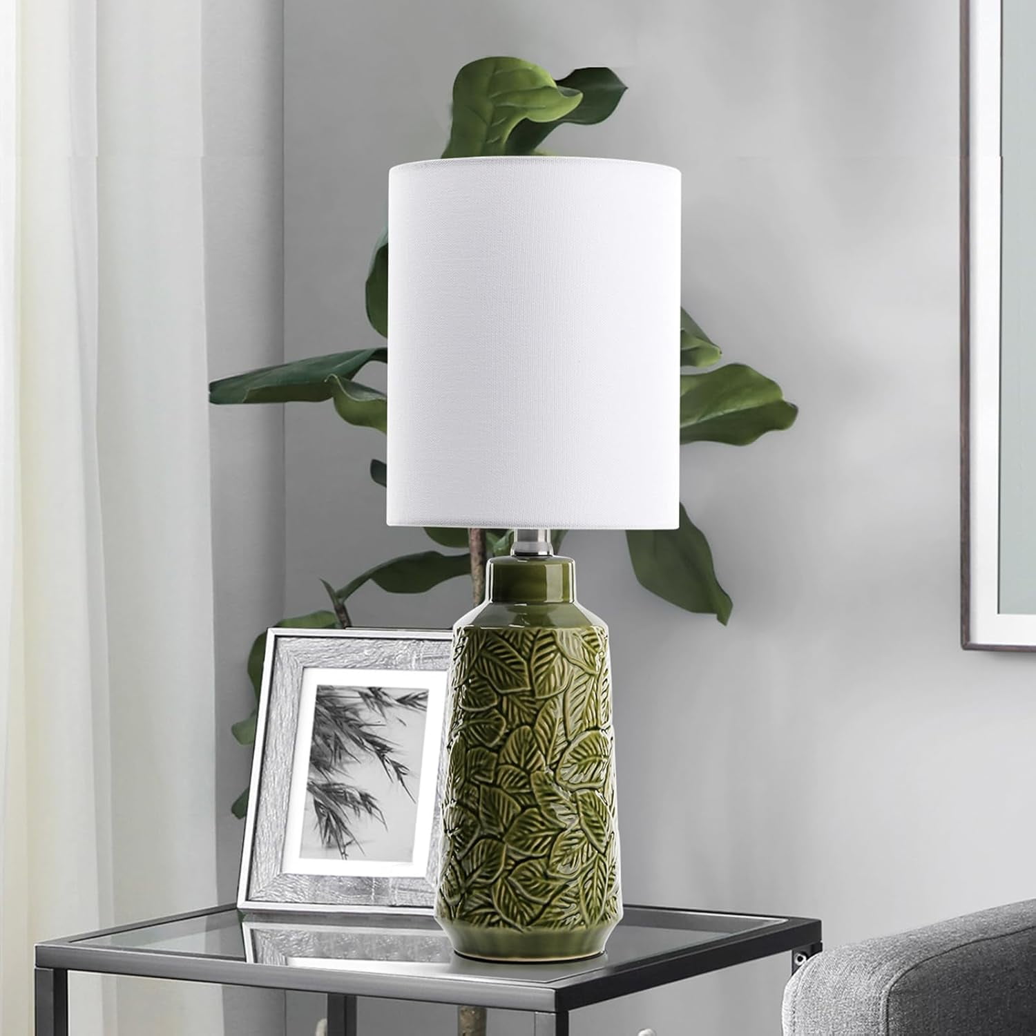 18” Ceramic Table Lamp Green Nightstand Pottery Lamp Single with White ...