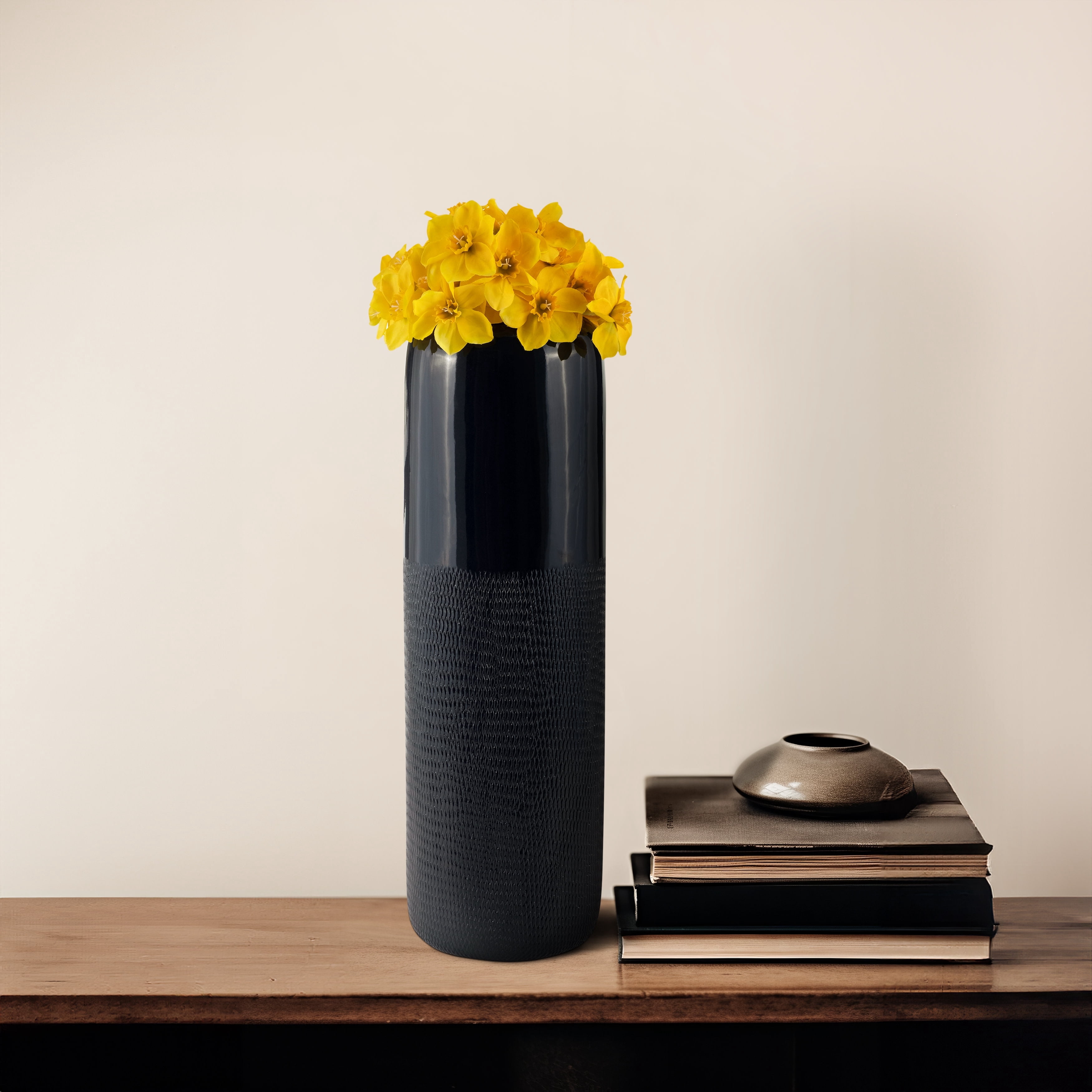 18" Ceramic Vase - Contemporary Grooved Design Navy Blue Vase ...