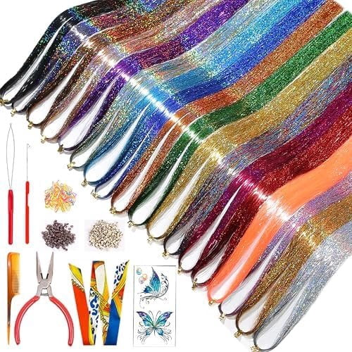 18 Colors Hair Tinsel Kit with Tools, Inch Heat Resistant Sparkle Hair ...