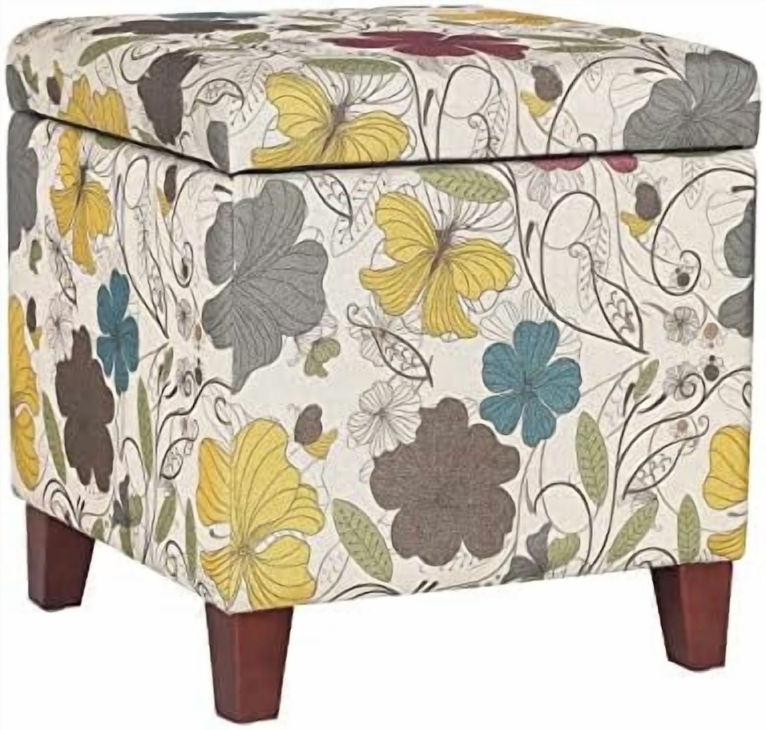 18” Cube Storage Ottoman, Floral Printed Linen Square Foot Rest Stools ...