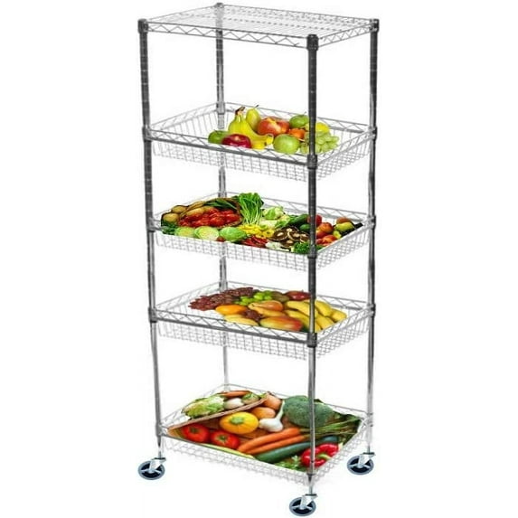 18" Deep x 24" Wide x 80" High 5 Tier Chrome Mobile Basket Unit 800lb ...