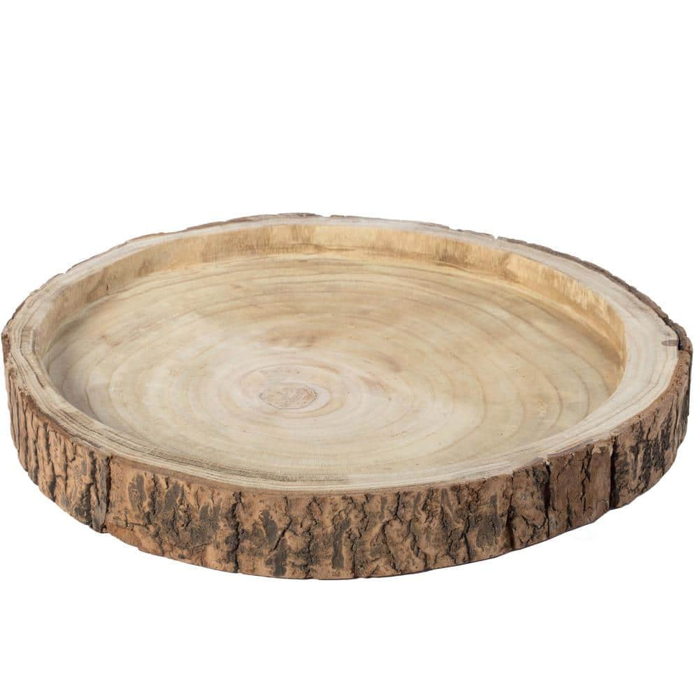 18 Dia in. Beige/ Cream Wood Tree Bark Indented Display Tray Serving ...