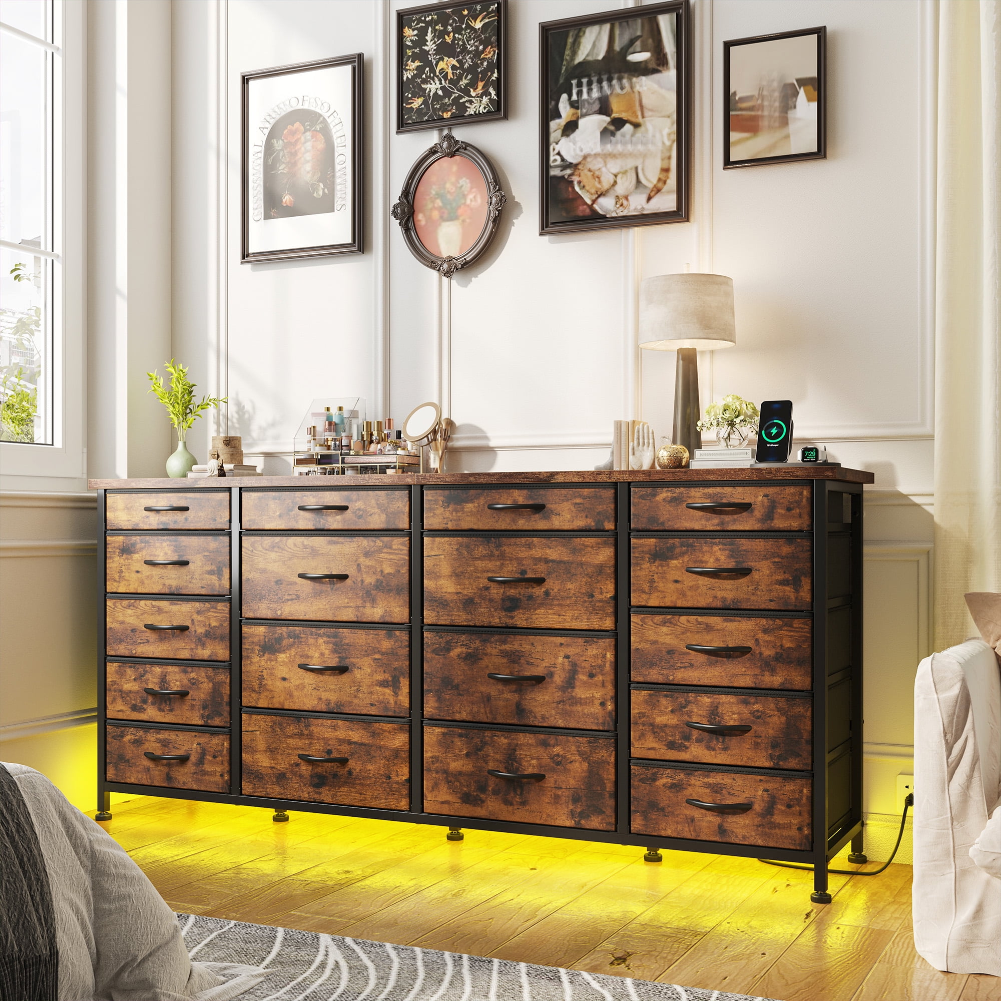 18 Drawers Dresser with LED Lights & Power Outlets Long Dresser for 65 ...