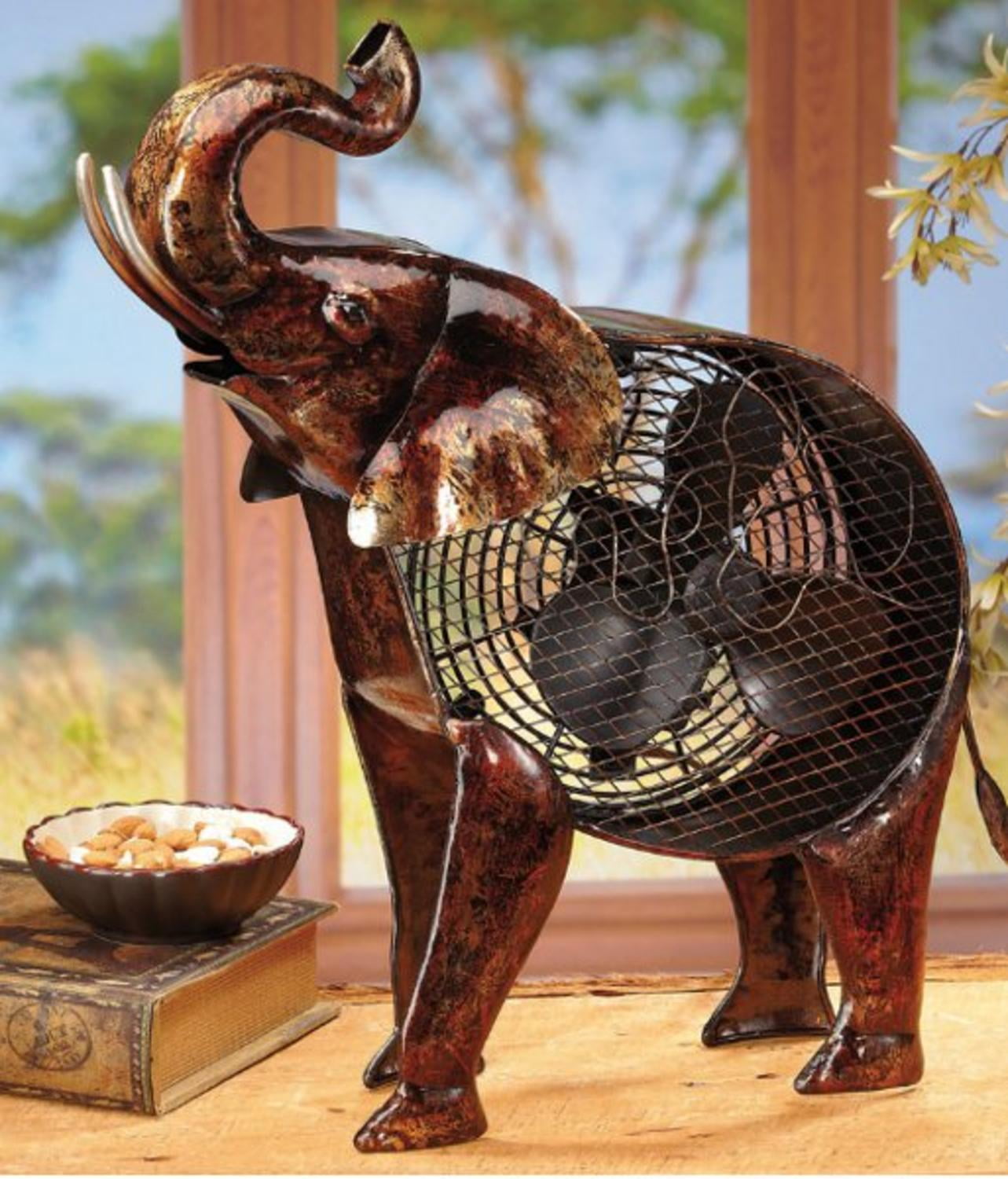 18" Exquisite Hand Sculpted African Elephant Table Top Figure Fan ...