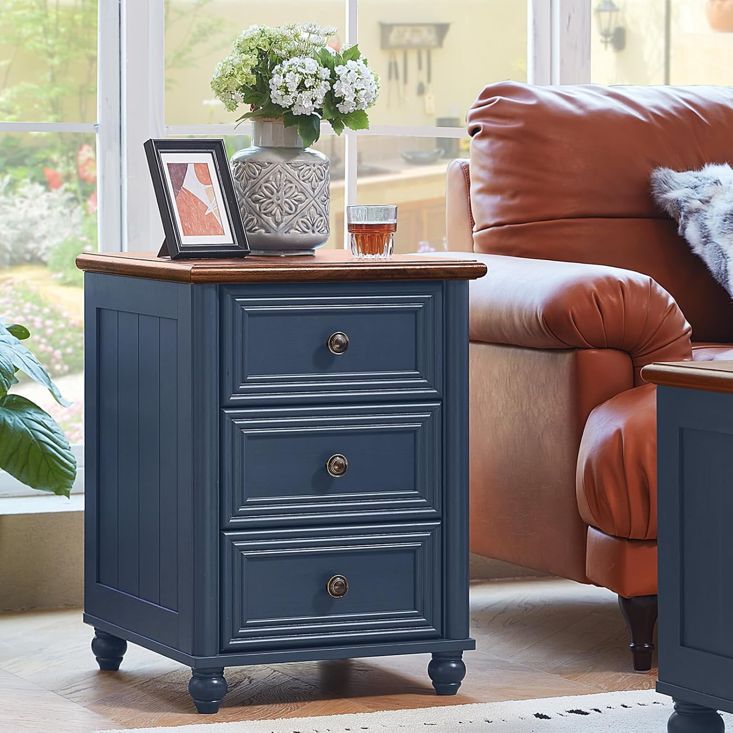18" Farmhouse Night Stand, Blue Wood Nightstand with 3 Drawers, Bedside ...
