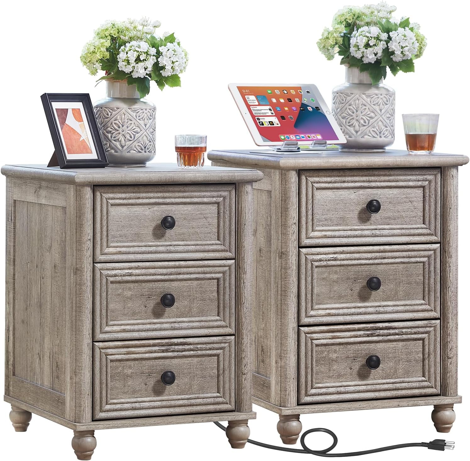 18" Farmhouse Night Stand Set 2, Gray 3 & 3 Drawers Wood Nightstand ...