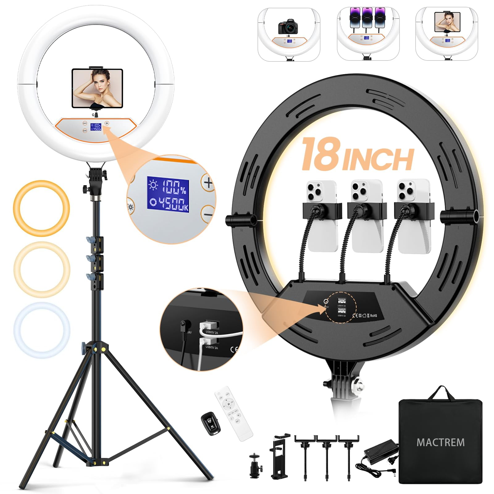 18" Foldable Ring Light with Stand for iPhone ipad, LED Display/2 USB ...