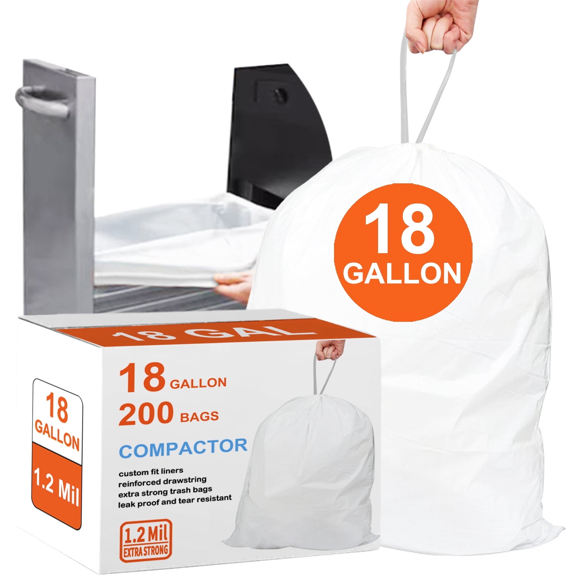 18 Gallon 200 Count Compactor Kitchen Trash Bags Heavy Duty 2.4 Mil ...
