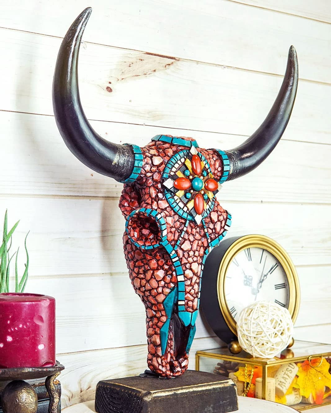 18"H Large Rustic Western Bull Cow Skull With Red Stones Cross Desktop ...