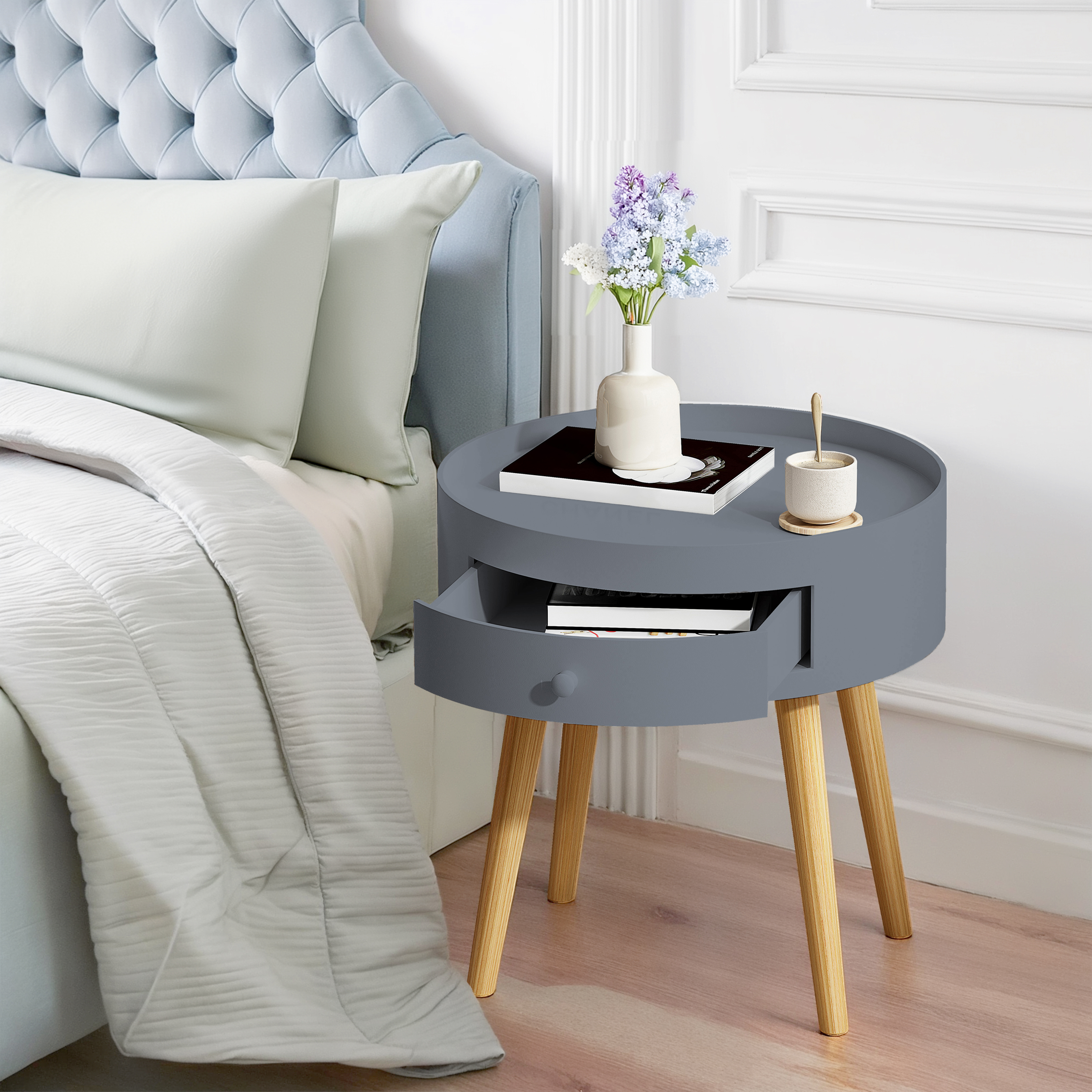 18"H Nightstand with Storage Drawer & Oak Legs Bedside Table, Sofa Side ...