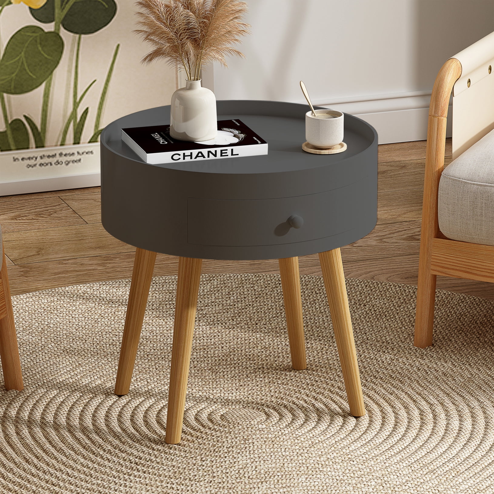 18"H Round Side Table, Modern End Table Accent Table with Storage ...