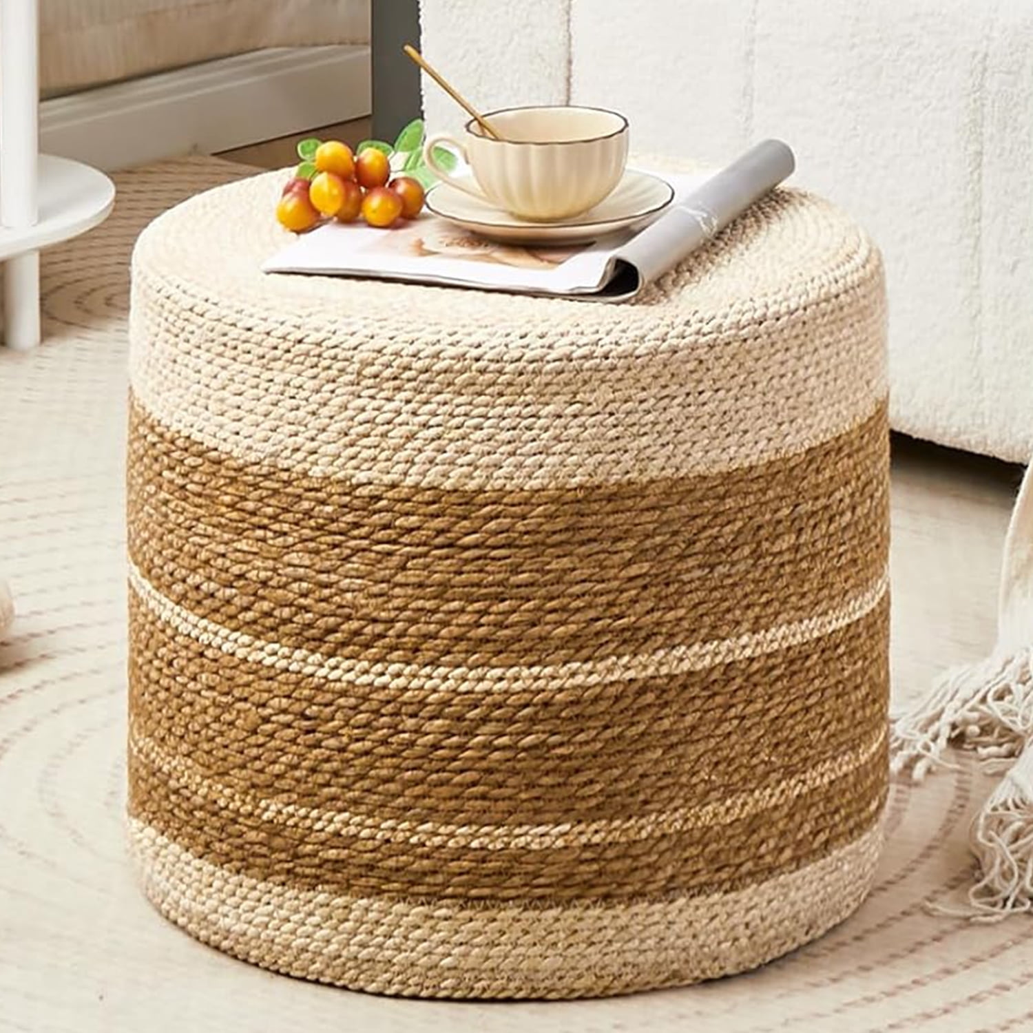 18" Handwoven Ottoman Pouf – Natural Braided Boho Footrest Stool ...