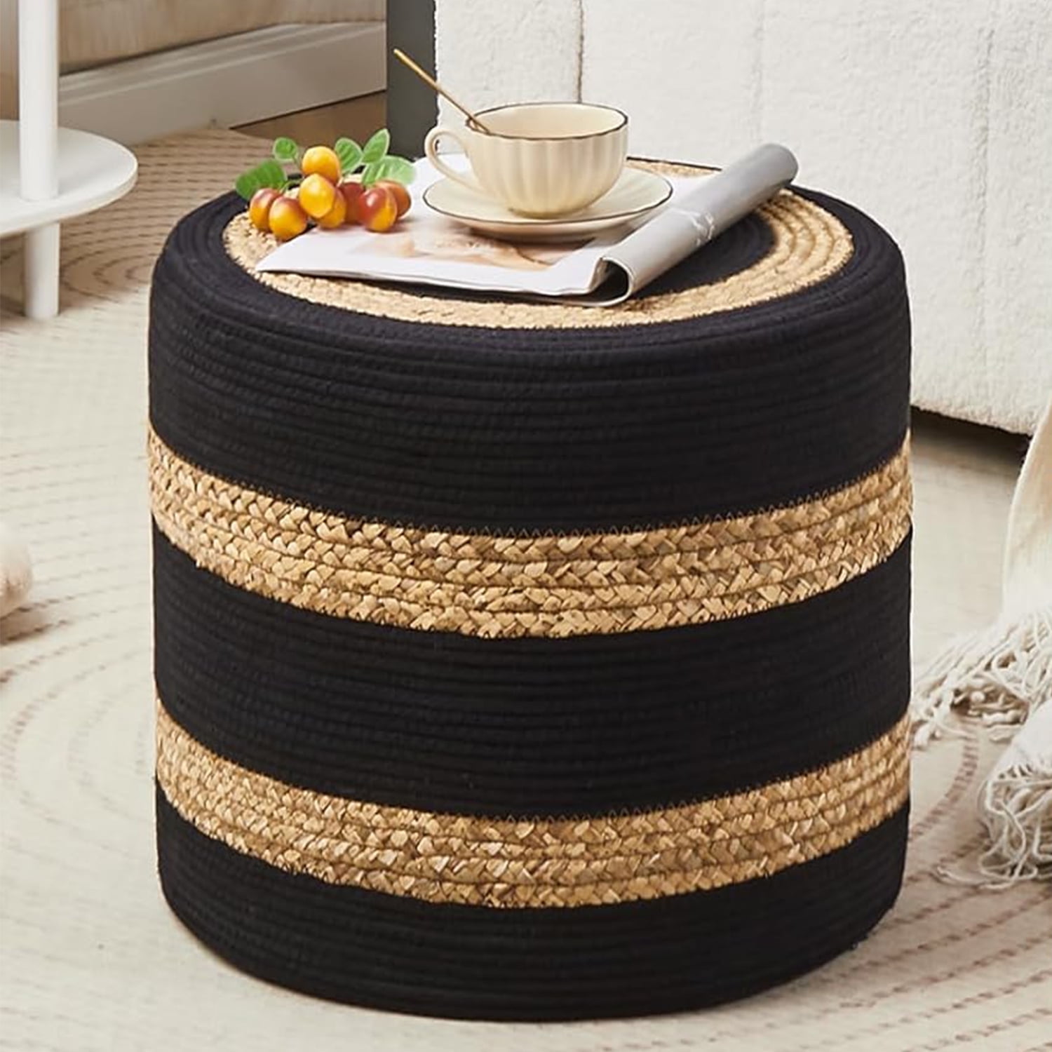 18" Handwoven Ottoman Pouf – Natural Braided Boho Footrest Stool ...