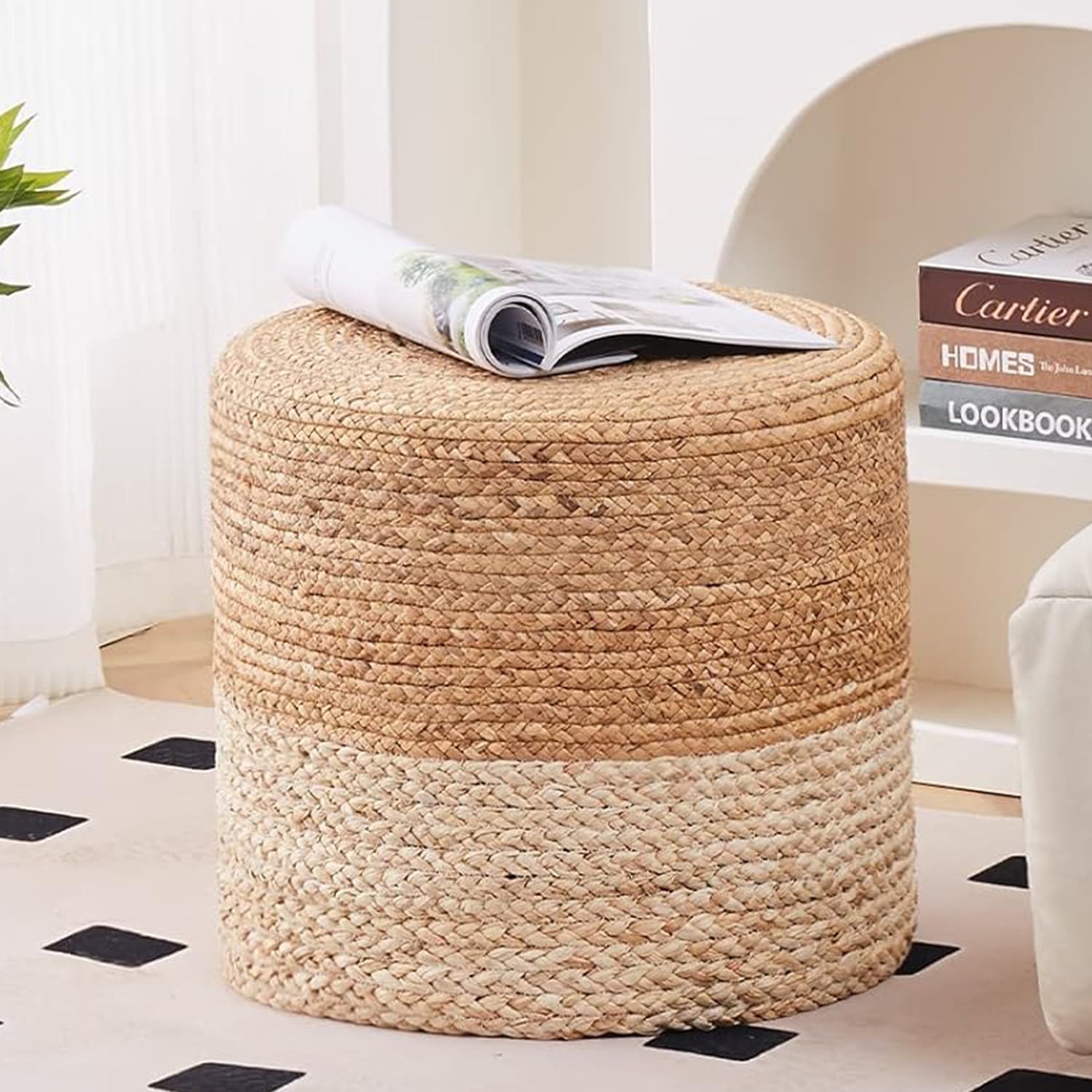 18" Handwoven Ottoman Pouf – Natural Braided Boho Footrest Stool ...