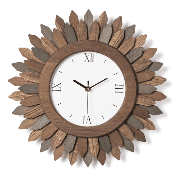 18 In Rustic Wood Boho Sunburst Decorative Wall Clock Silent Non ...