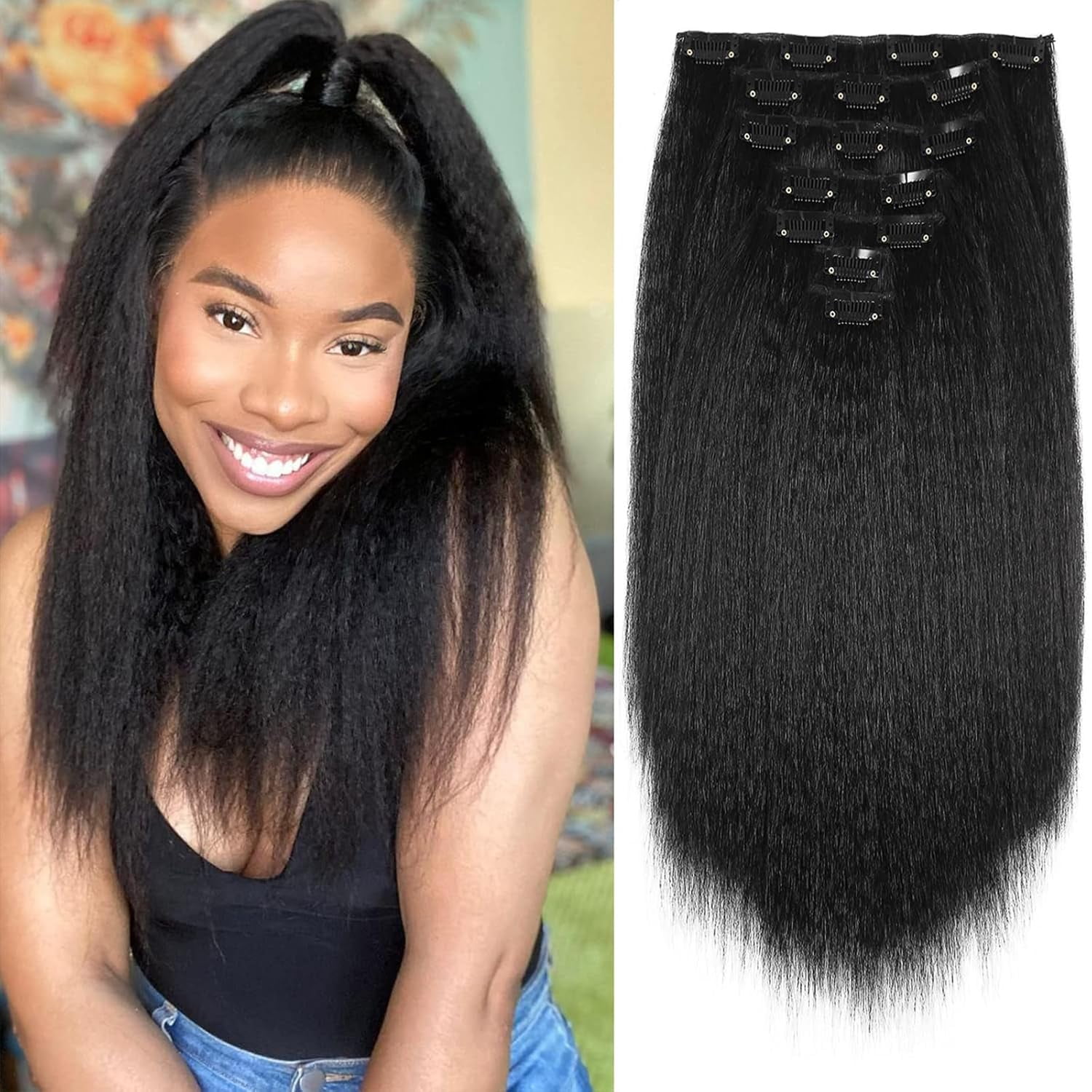 18 Inch 2 Pack Kinky Straight Clip in Hair Extensions for Black Women ...