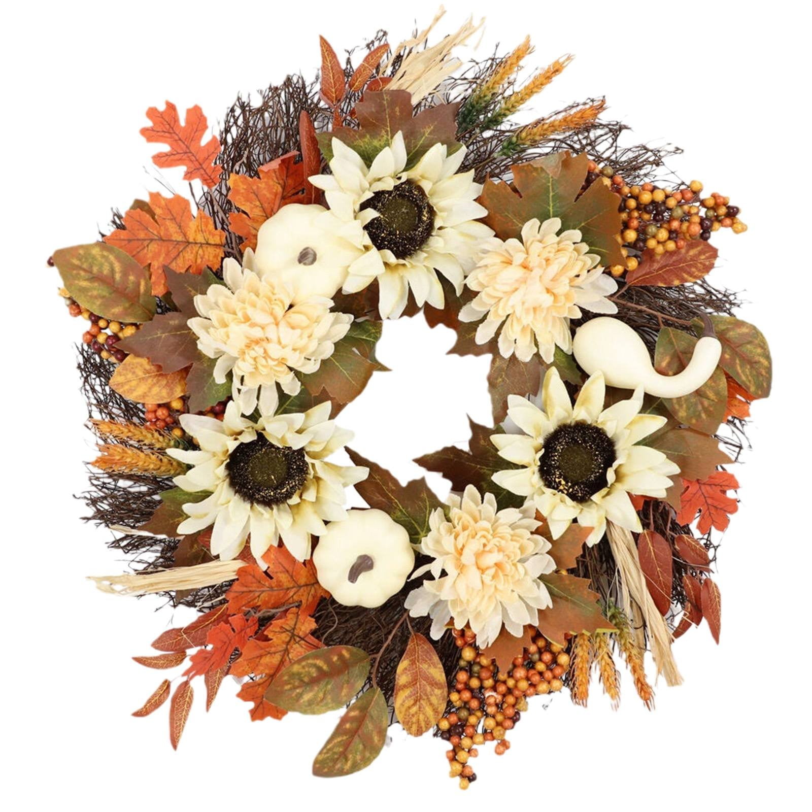 18-Inch Artificial Fall Wreath with Sunflowers, Maple Leaves, And White ...