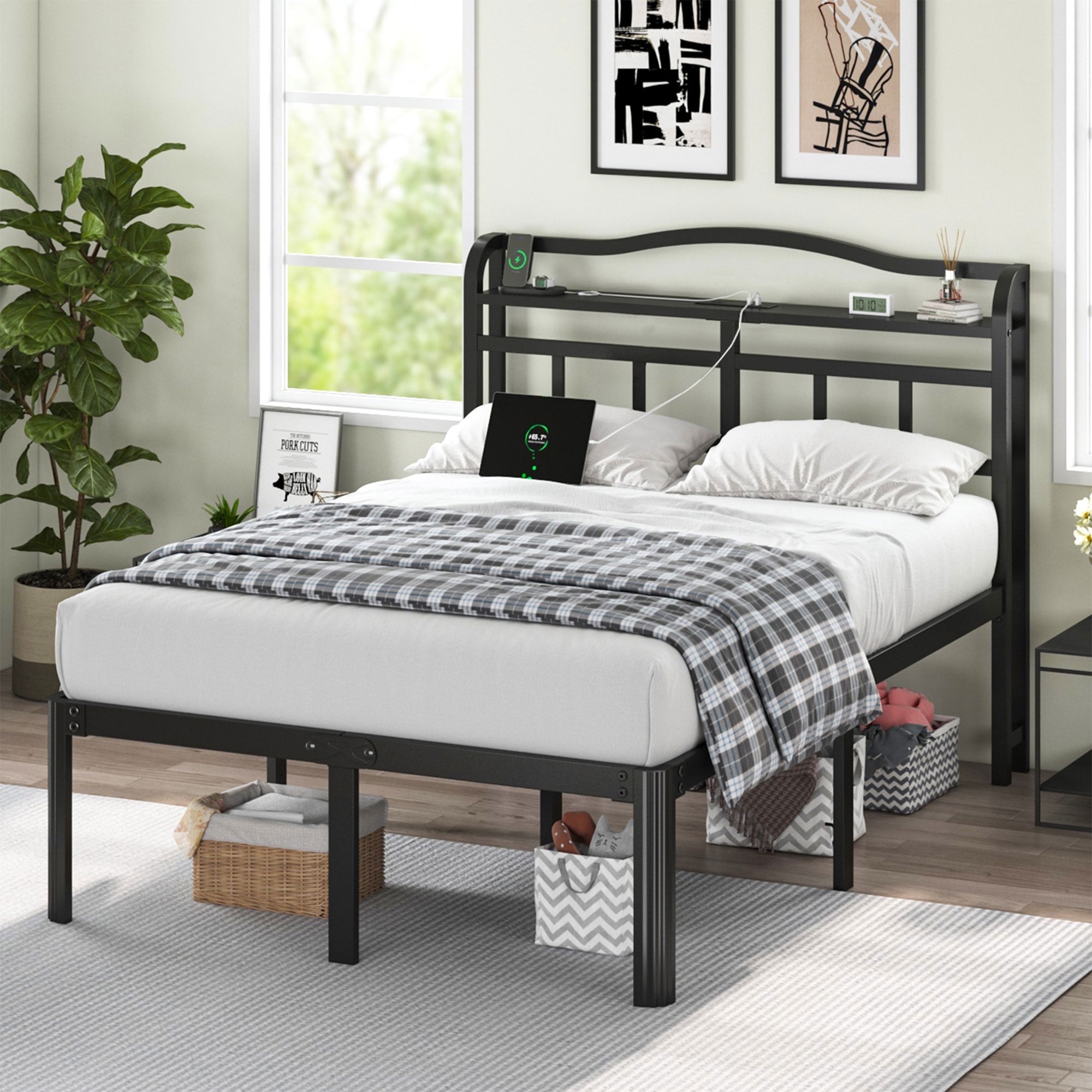 18 Inch Bed Frame Queen Size with Headboard & Charging Station, Heavy ...