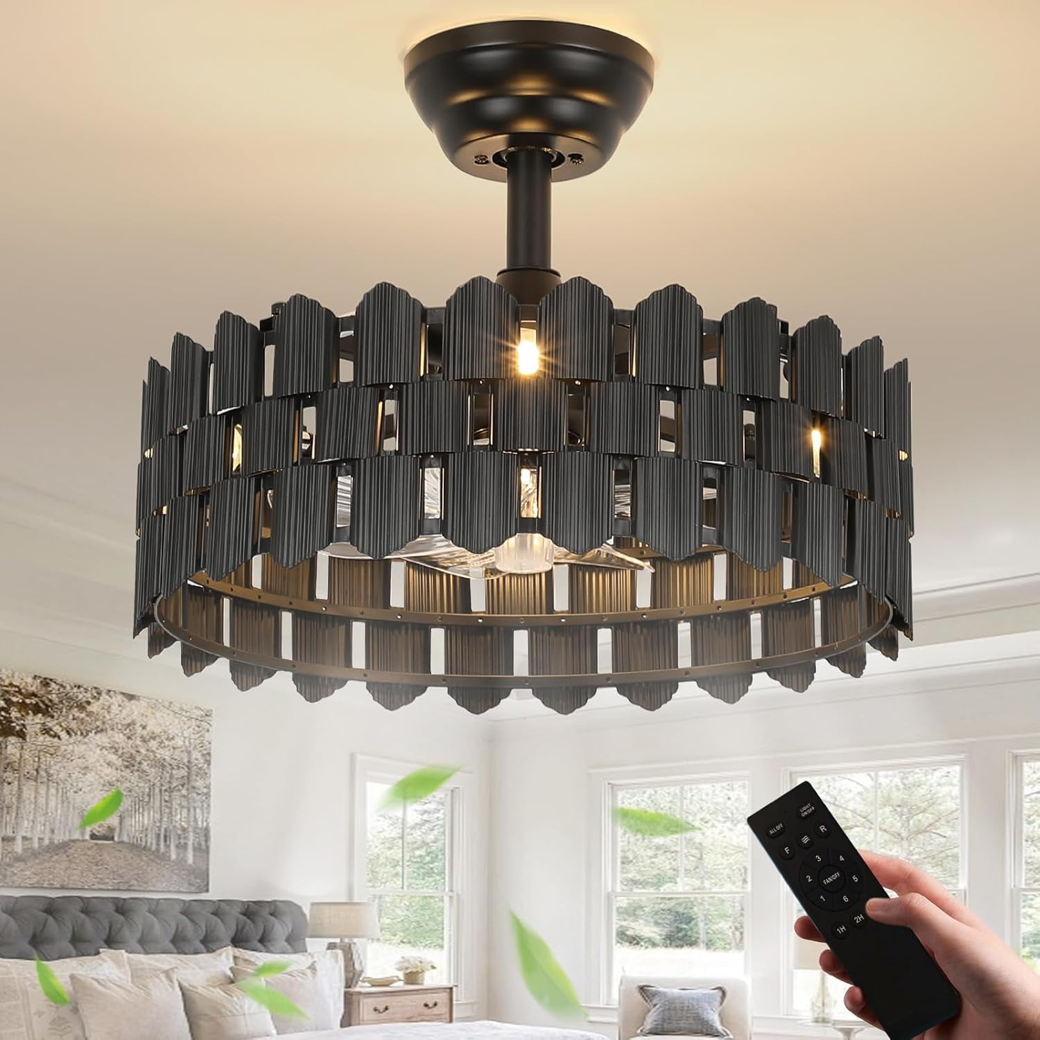 18 Inch Black Ceiling Fan with Light and Remote Control, 6-Speed Caged ...